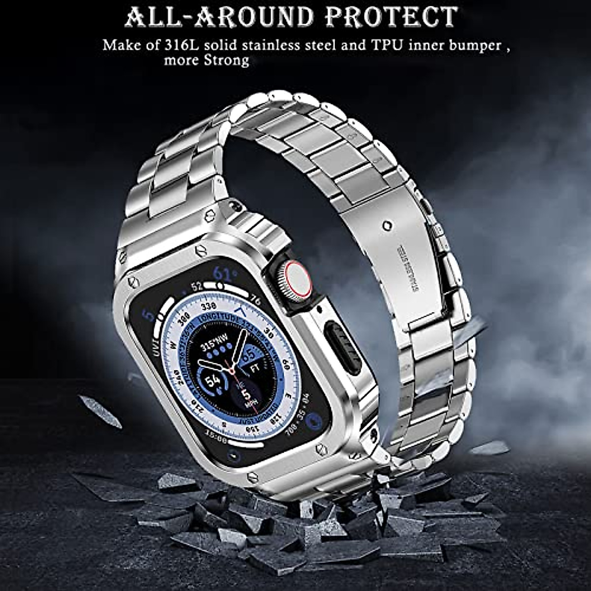 MioHHR Stainless Steel Band and Case Compatible with Apple Watch Band 44mm, Men Rugged Metal Strap and Protective Bumper Cover for iWatch Series SE 6 5 4 (Sliver,44mm)