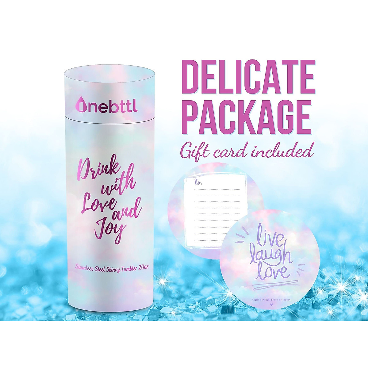 Onebttl Swimming Gifts, Swimmer Stainless Steel Skinny Tumbler for Women, Teen Girls, Teammate, Coach (20oz, Glitter Silver & Blue)-Just Keep Swimming