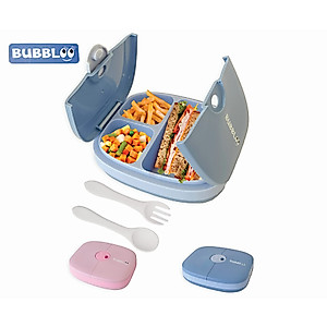 BUBBLOO Bento Box for Kids with Silverware - 3 Compartment Ideal Portion Sizes - BPA Free Removable Plastic Tray - Leak Proof Kids Lunch Box, Blue