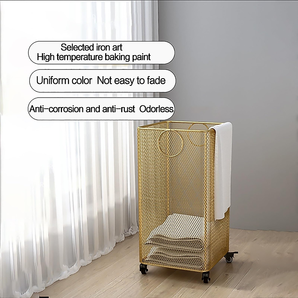 Gold basket,Rolling Laundry Basket on Wheels, Gold hamper,Gold Metal Basket with Wheels,Metal Rolling Laundry Basket Cart, Yoga mat storage rack,Wire laundry basket with wheels,Gold laundry basket(Squ