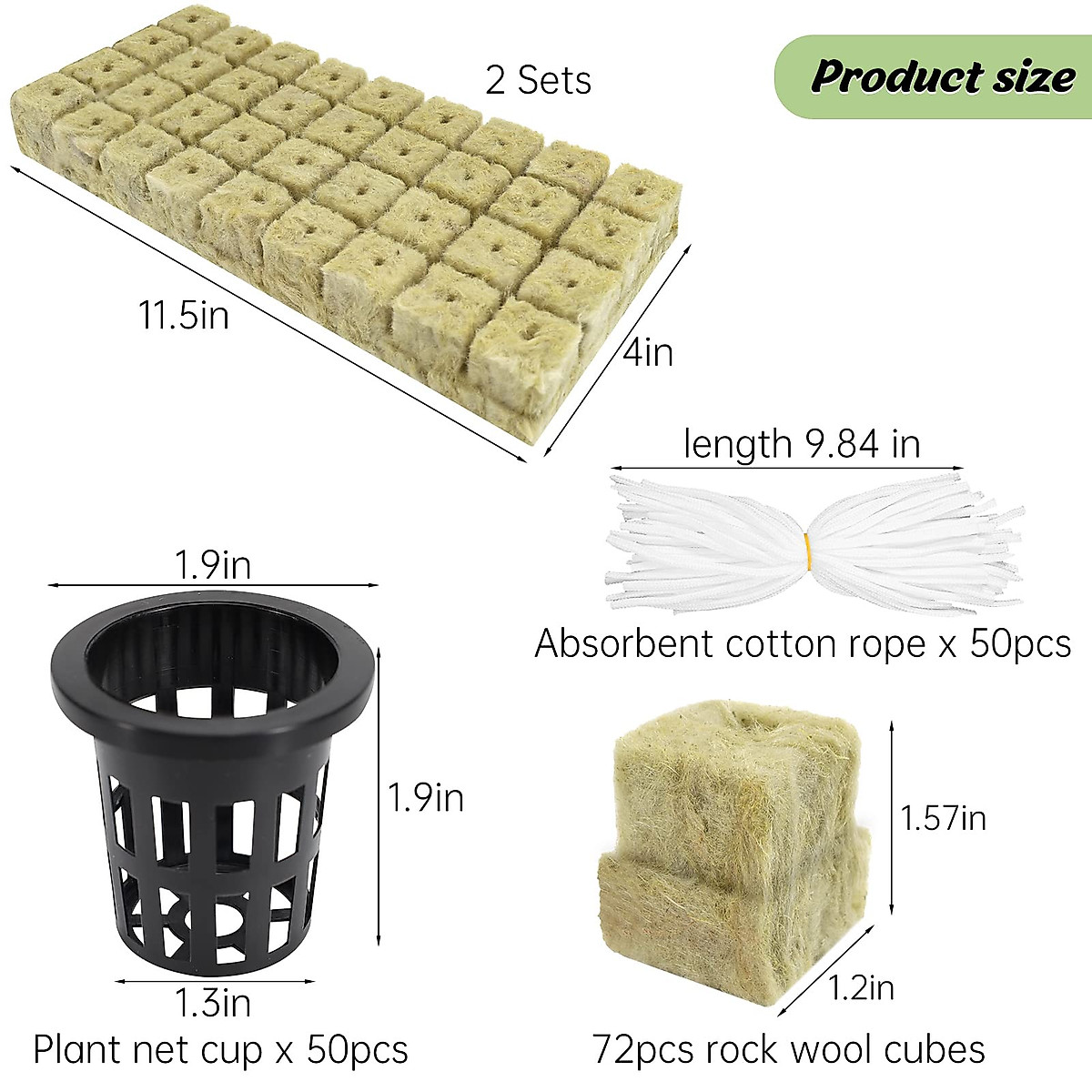72 sets Rockwool Cubes for Hydroponics with Net Pots, 1in Rock Wool Planting Cubes 72 Plugs & 50 Net Cups 1.5 inch Hydroponic & 50 Article Self Watering Cotton Wick Cord for Hydroponics Supplies