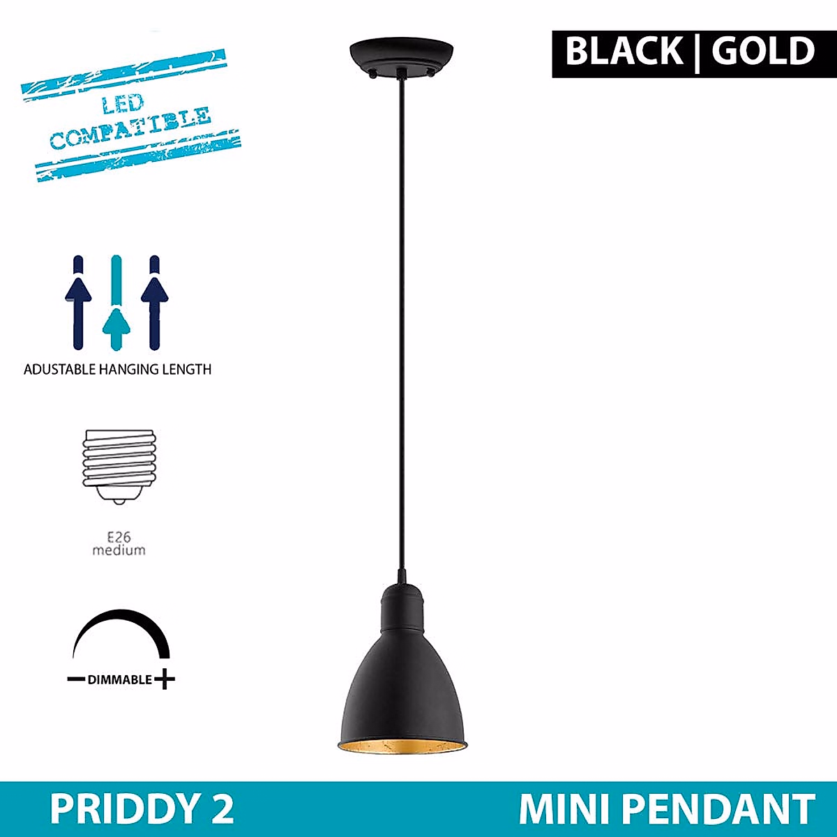EGLO Priddy 1-Light Mini Pendant Hanging Lighting Fixture with Steel Shade for Kitchen Island, Hallway, and Dining Room, 60W, 82 in, Black and Gold