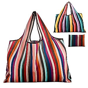 Reusable Grocery Bag Gophra 2 Packs Large Washable Foldable Eco Friendly Nylon Heavy Duty Fits in Pocket Shopping Tote Bag (New Rainbow)