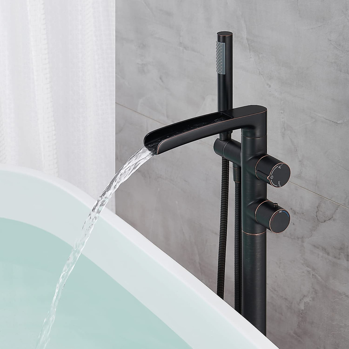 Qinkell Thermostatic Freestanding Tub Filler Floor Mount Waterfall Bathtub Faucet Oil-Rubbed Bronze Bathroom Taps with Handheld Shower