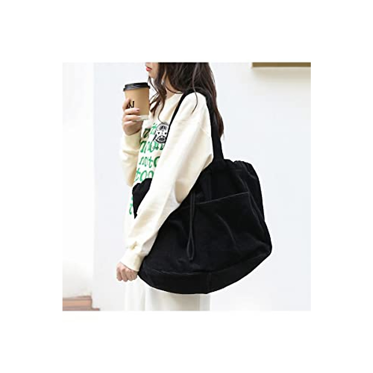 Ulisty Women Large Capacity Corduroy Drawstring Tote Bag Pockets Shoulder Bag Casual Handbag Hobo Bag Shopping Bag red