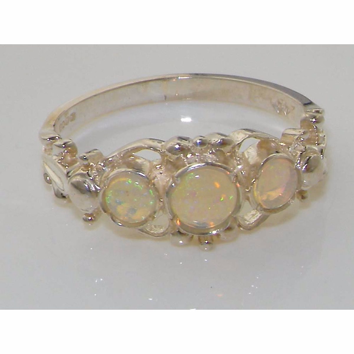 925 Sterling Silver Real Genuine Opal Womens Trilogy Ring - Size 11