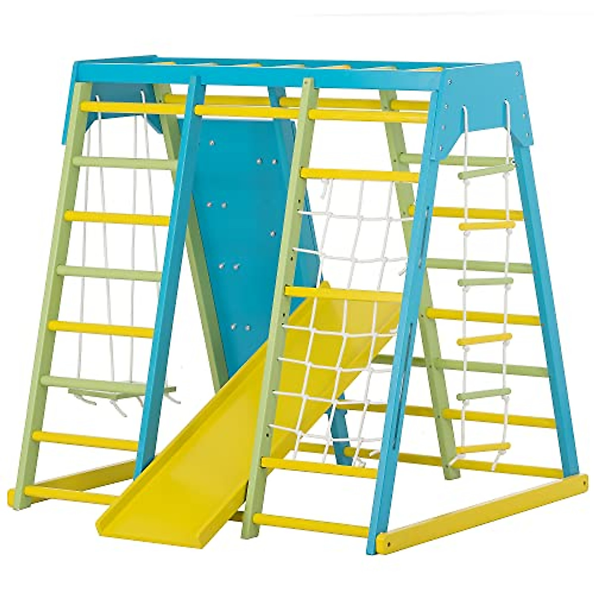 Avenlur Magnolia Indoor Playground 6-in-1 Jungle Gym Montessori Waldorf Style Wooden Climber Playset Slide, Rock Climbing Wall, Rope Wall Climber, Monkey Bars, Swing for Toddlers, Children Kids 2-6yrs