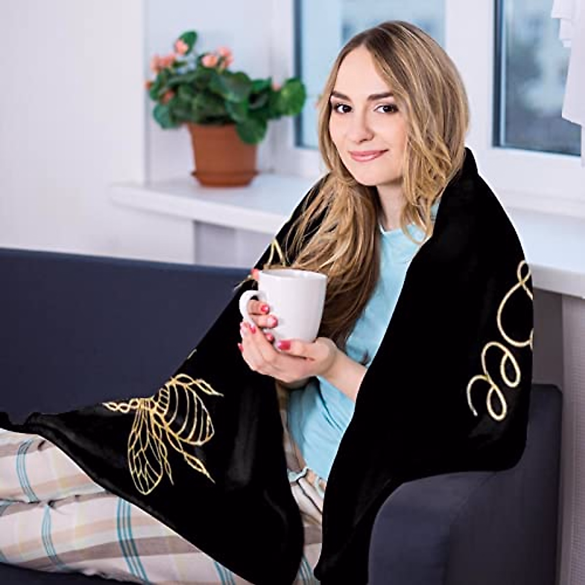 Golden Bee Prints Soft Warm Cozy Blanket Throw for Bed Couch Sofa Picnic Camping Beach, 150×100cm