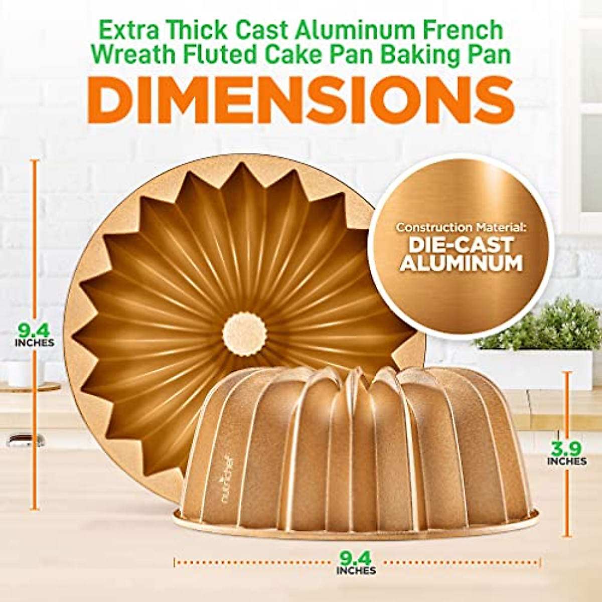 NutriChef 9-Inch Cake Pan - Thick and Heavy Cast Aluminum Bakeware Cake Mold with 2 Layers of Nonstick Coating - Fluted Lines Design for Uniform Baking Up To 500 Degrees - Easy to Clean, Gold