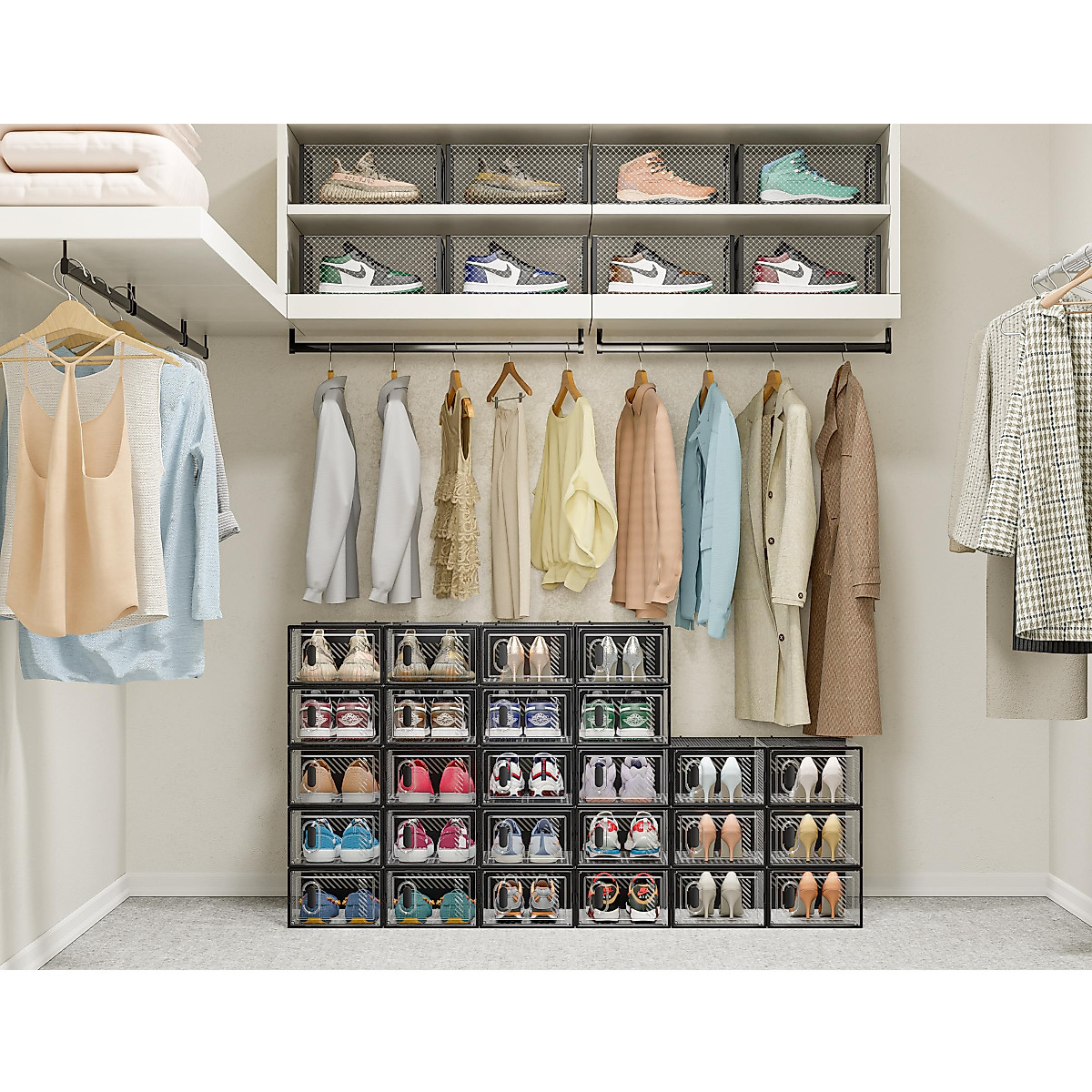 SIMPDIY Shoe Storage, 12 Pack Shoe Organizer for Closet, Shoe Boxes Clear Plastic Stackable Shoe Containers with Lids for Size 10, Black