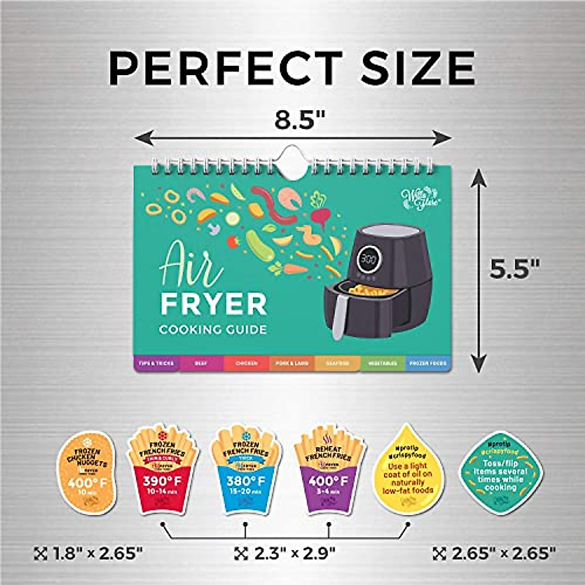Willa Flare Air Fryer Magnetic Cheat Sheet Cooking Times Reference Guide for 80 Foods - Flip Chart and 6 Vinyl Decal Stickers | Perfectly Fry Family Favorites like Pizza, Chicken Nuggets, French Fries