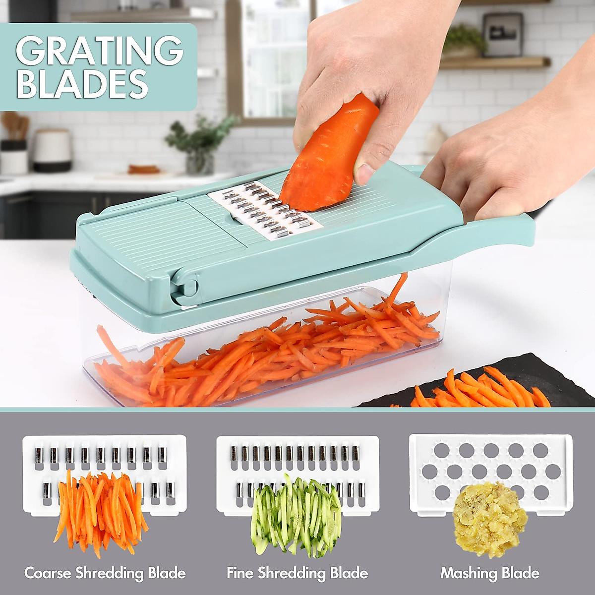 Ourokhome Vegetable Dicer Mandolin Slicer - 7 Blades Handy Onion Chopper Shredder with Egg Separator and Colander Strainer for Kitchen Multiple Uses (Blue)