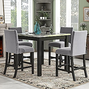 Bellemave 5-Piece Counter Height Dining Table Set Kitchen Table Set with 1 Faux Marble Dining Table and 4 Upholstered-Seat Chairs Square Dining Room Set of 4 for Kitchen, Dining Room (Grey)