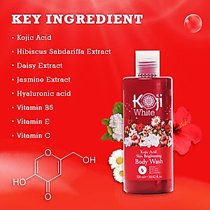Koji White Kojic Acid Skin Brightening Body Wash - Daily Moisturizing Skin Cleanser, Uneven Skin Tone with Flower Acid Extracts, Hyaluronic Acid, Vitamin E & B5, Vegan Body Wash, 10.82 Fl oz
