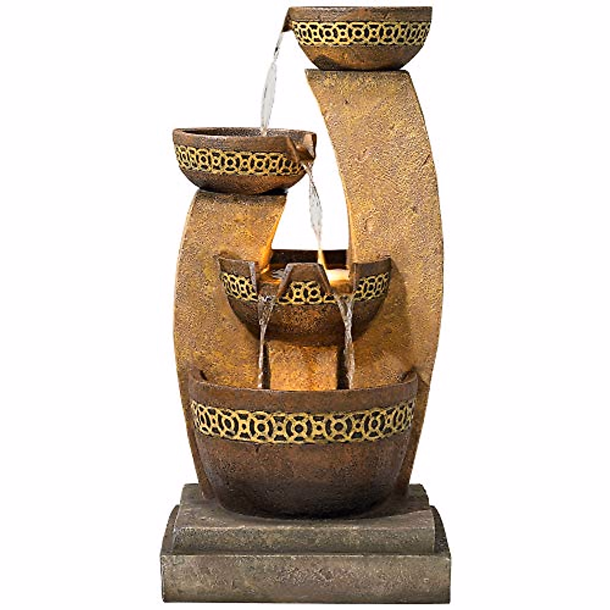 Four Bowl Modern Rustic Outdoor Cascading Floor Water Fountain with LED Light Faux Stone 41" for Yard Garden Patio Backyard Deck Home Lawn Porch House Exterior Balcony - John Timberland