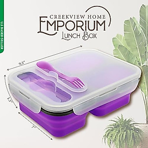 Creekview Home Emporium Collapsible Food Container - Purple Bento Lunch Box with 3 Compartments and Silverware in Lid