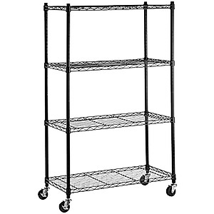 Amazon Basics 4-Shelf Shelving Storage Unit on 3'' Wheel Casters, Black (36L x 14W x 57.75H) & 3-Shelf Adjustable, Heavy Duty Storage Shelving Unit (250 lbs), Black (23.3L x 13.4W x 30H)