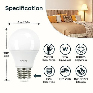 Linkind A19 LED Light Bulb, 60W Equivalent Light Bulbs, 9W 2700K Soft White, 800 Lumens Non-Dimmable LED Bulb, E26 Standard Base, Energy Efficient UL Listed, 6 Pack Led Lights for Bedroom Home Office