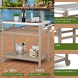 TORVA Outdoor Prep Grill Carts, 303 Stainless Steel Tabletop with High Load Capacity Portable BBQ Table, HDPE Durable Frame 2-Tier Storage Cart, Wood