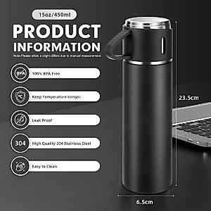 Coffee Thermos Stainless Steel Vacuum-Insulated Water Bottle, 500ml/16.9oz Insulated Bottle with Cup for Hot & Cold Drink Travel Mug (Black, Three Cup)