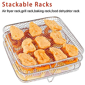 RAMLLY 8 inch Air Fryer Rack for Instant Vortex Fryer,Philips,COSORI Fryer,Square Three Stackable Racks,Stainless Steel Multi-Layer Dehydrator Rack,Air Accessories