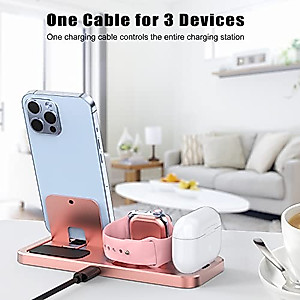 3 in 1 Charging Station for Multiple Devices Apple Portable Charging Stand for Apple Watch iPhone and AirPods Build-in Charger Charging Dock Holder for iPhone with Adapter and Cable (Rose Gold)