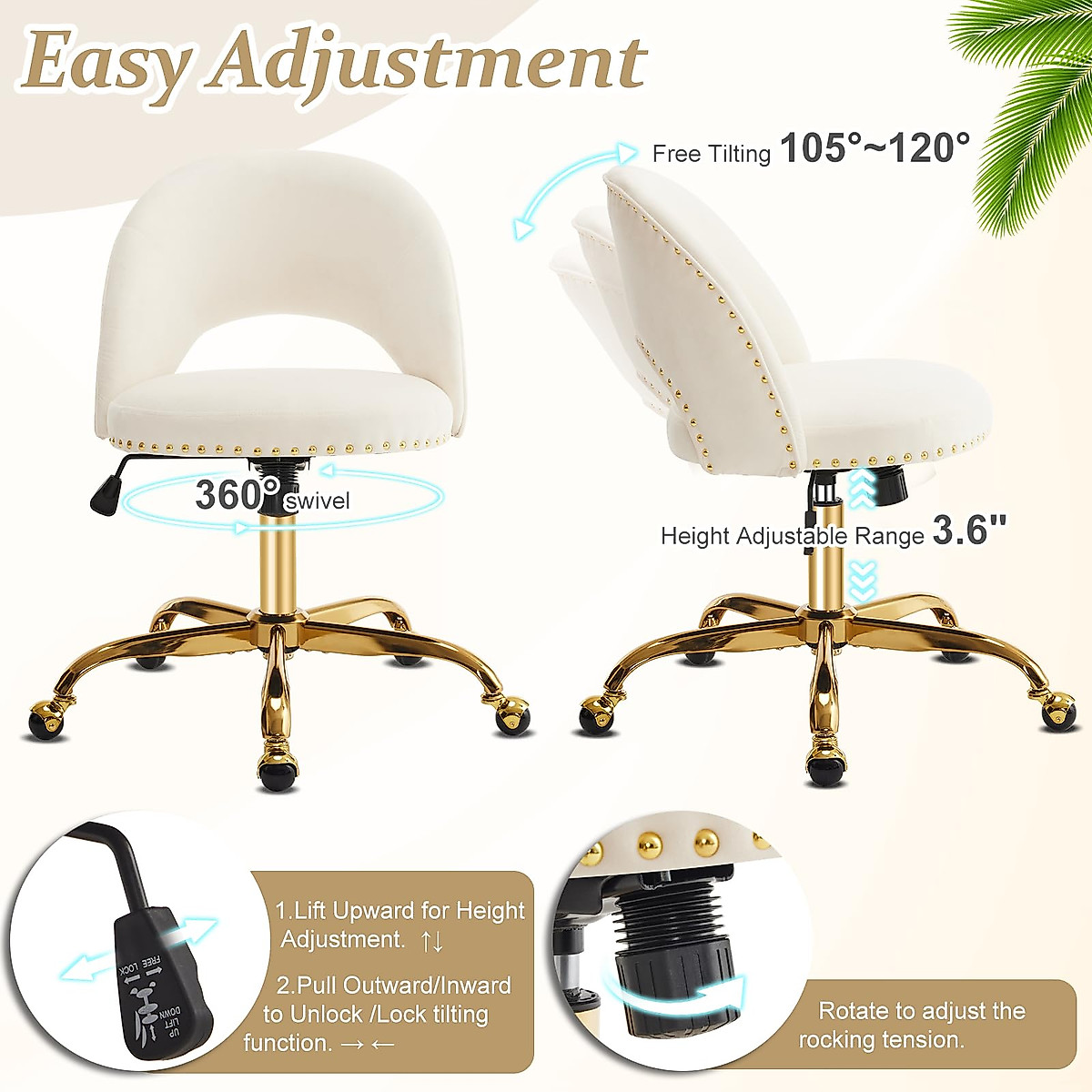 VINGLI Modern Velvet Small Office Chair,Cute Desk Chair with Wheels,Gold Base/Studs, Comfy Armless Swivel Vanity Task Chair for Women/Girl/Kids, Nail Tech Chair for Bedroom,Small Space,White