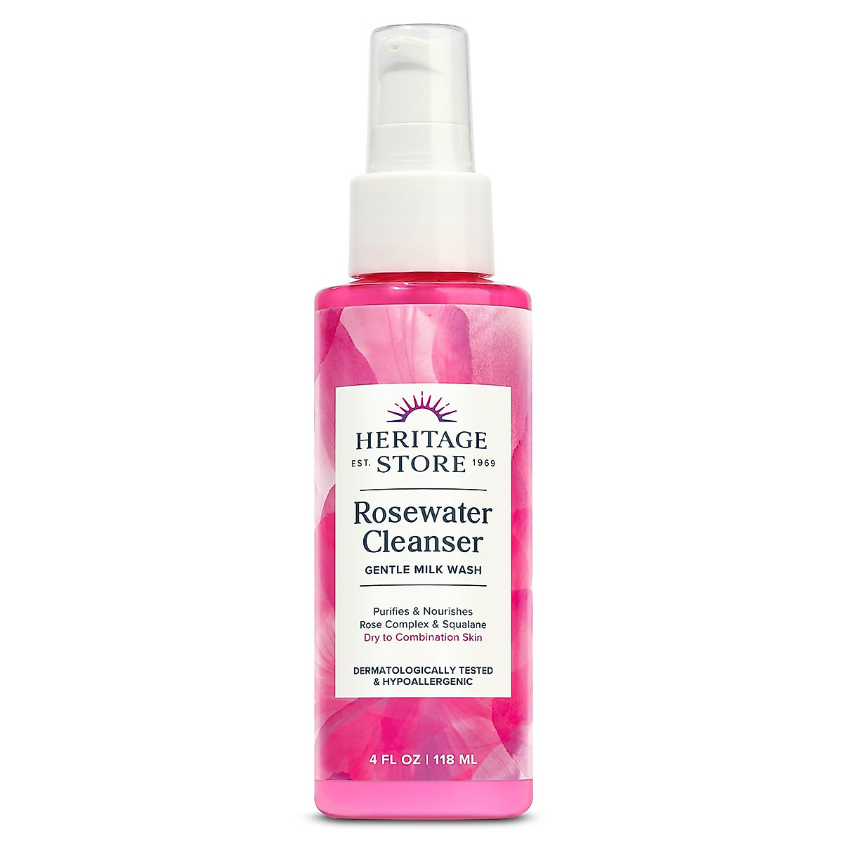 HERITAGE STORE Rosewater Facial Cleanser, pH Balanced Milk Wash Purifies and Nourishes w/ Squalane and Rose Complex, Dry to Combination Skin, Hypoallergenic, Vegan, Cruelty Free, 60-Day Guarantee, 4oz