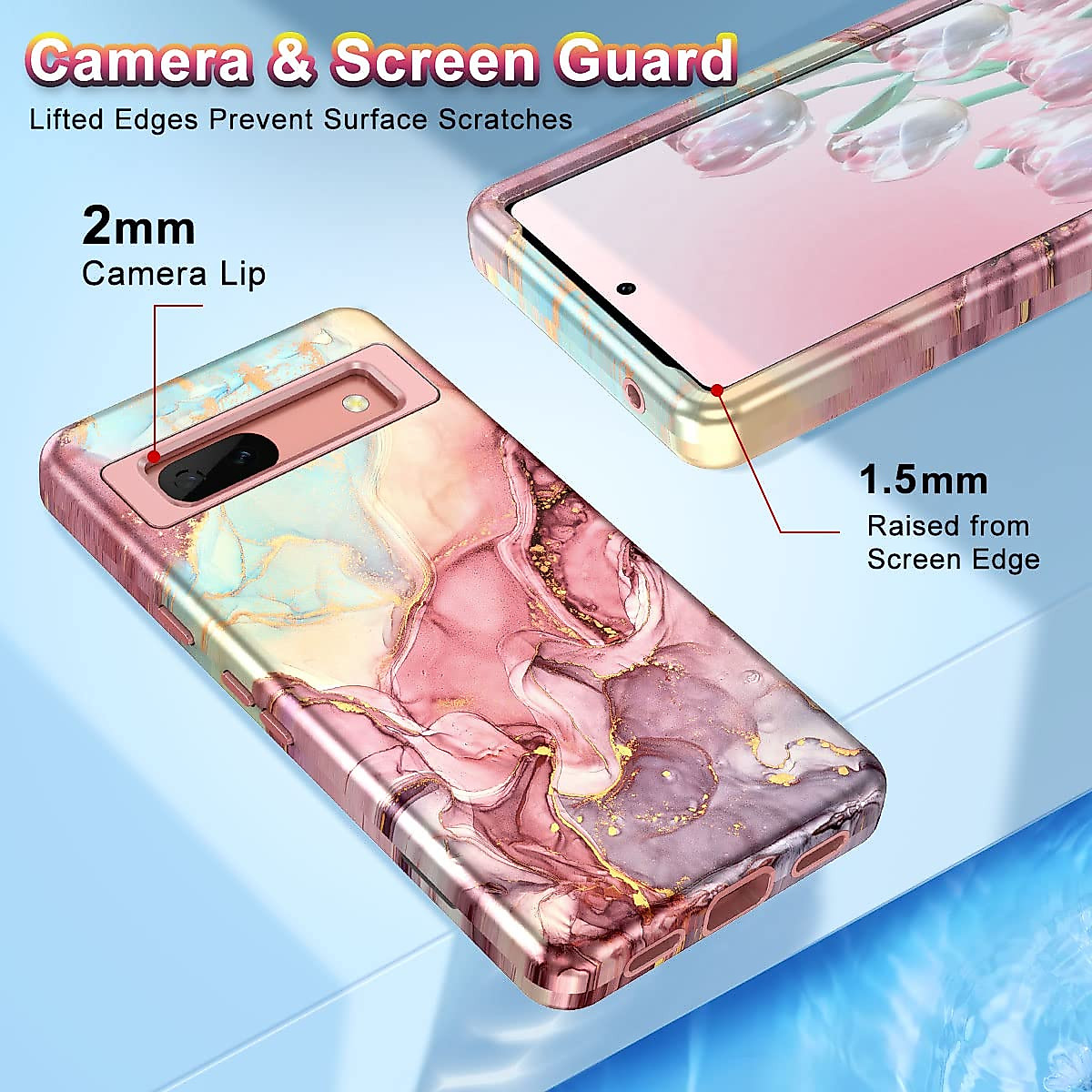 Btscase for Google Pixel 7A Case, [5 in 1] with 2 Pack Screen Protector + 2 Pack Camera Lens Protector, Marble Pattern Full Body Three Layer Rugged Shockproof Protective Cover (2023), Rose Gold