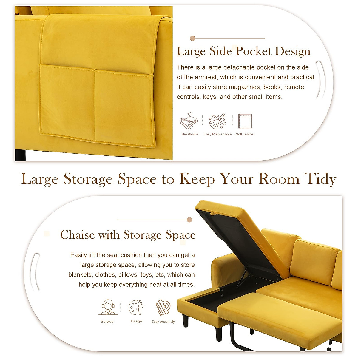 Modern Velvet Pull Out Sleeper Sofa Bed with Chaise, Comfy L Shaped Convertible Sleeper Couch with Storage and Pocket, Sectional 3 Seat Couch for Living Room Furniture or Office, Smooth Back - Yellow
