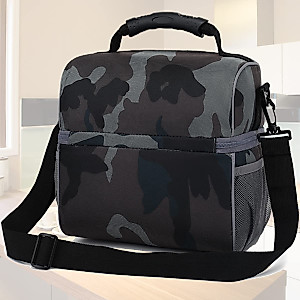 FlowFly Double Layer Cooler Insulated Lunch Bag Adult Lunch Box Large Tote Bag for Men, Women, With Adjustable Strap,Front Pocket and Dual Large Mesh Side Pockets,Black Camo