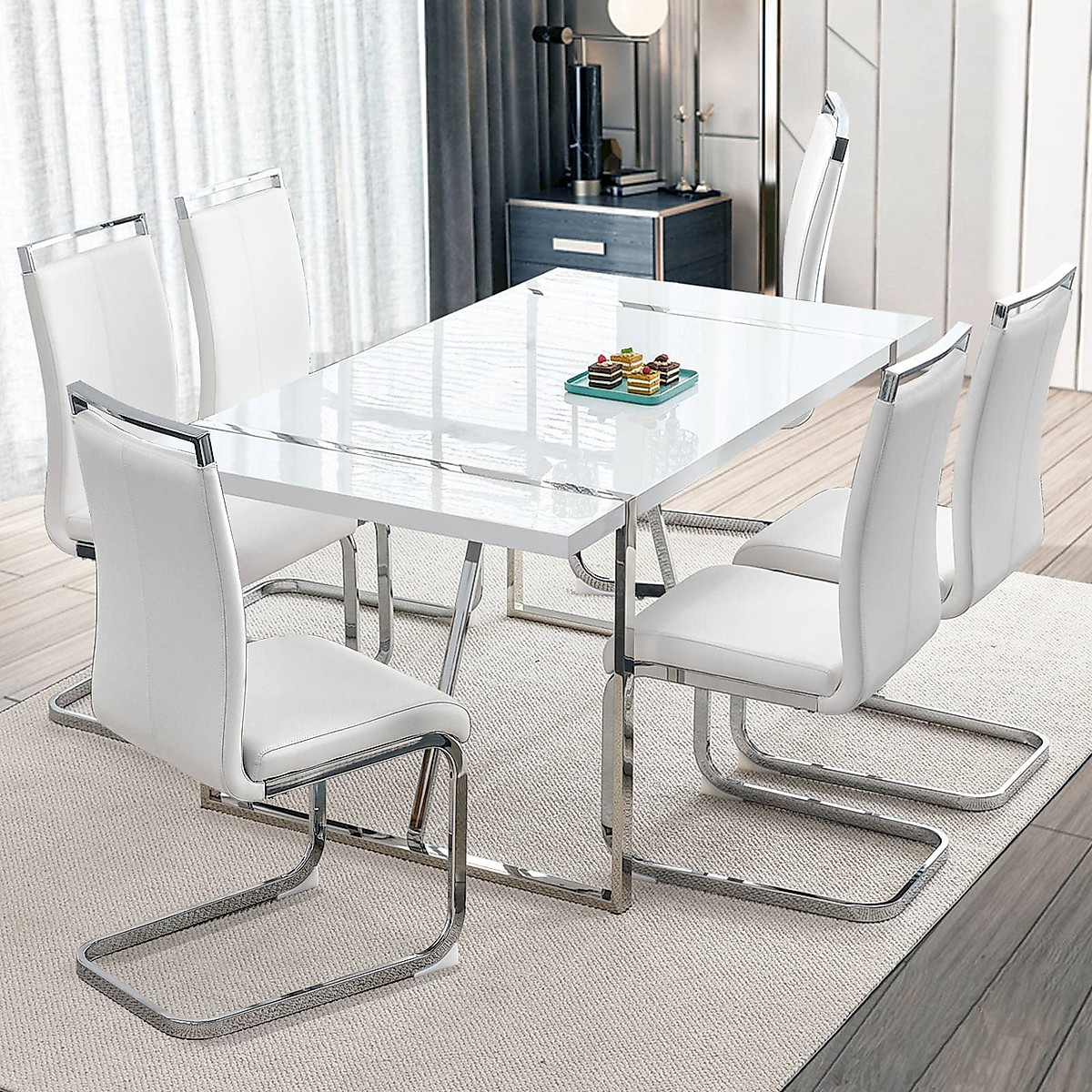 Dining Table Set for 6，White Rectangular MDF Kitchen Table and Leather Dining Chairs Set of 6, 7 Piece Dining Table Set，Modern Metal Frame Dining Room Table Set 6 with Metal Frame For Kitchen
