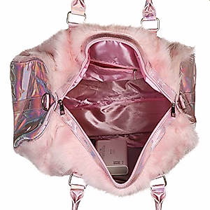Risup Extra Large Laser Handbag Purse Fancy Duffel Bag 19in Faux Fur Bags for Travel and Overnight, Pink