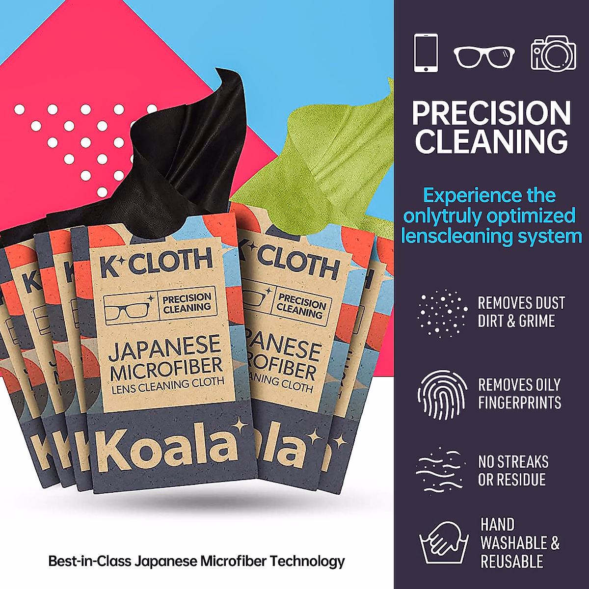 Koala Lens Cleaning Cloth | Japanese Microfiber | Glasses Cleaning Cloths | Eyeglass Lens Cleaner | Eyeglasses, Camera Lens, VR/AR Headset, and Screen Cleaning | Black & Green (Pack of 6)