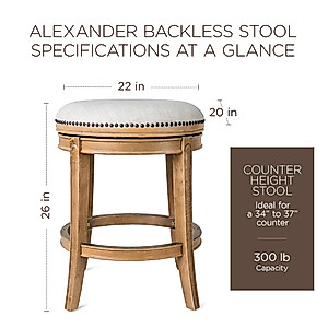 Maven Lane Alexander 26 Inch Tall Counter Height Rotating Backless Barstool in Weathered Oak Finish with Sand Color Fabric Upholstered Seat