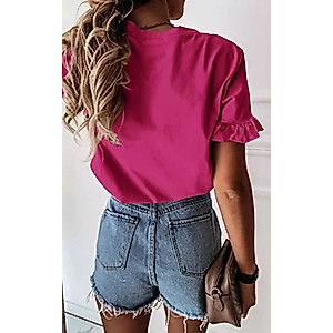 PRETTYGARDEN Women's Short Sleeve Casual T Shirts Summer Ruffle Plain Round Neck Loose Fit Tee Blouse Tops Rose Red