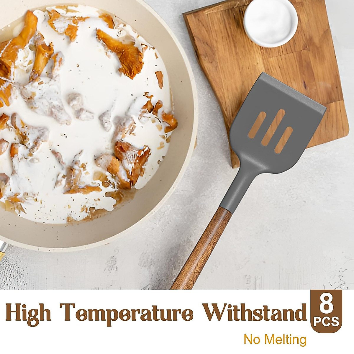 Umite Chef Silicone Cooking Utensil Set, 8-Piece Kitchen Utensils Set with Natural Acacia Wooden Handles,Food-Grade Silicone Heads-Silicone Kitchen Gadgets and Spatula Set for Nonstick Cookware - Grey