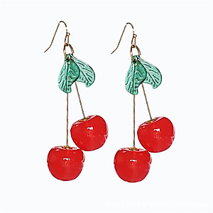 Lovely Handmade Cherry Food Fruit Drop Earring for Women 14K Gold Plated Lightweight Sweet Fruit Leaf Statement Dangle Earring Friendship Jewelry Birthday Gift-A red-1
