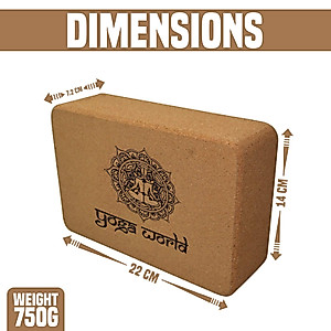 Yoga World Cork Yoga Blocks - Firm, Non-Slip Bricks for Stretching Practice, Pilates, Stability, Fitness - Curved Edges for Secure Grip - Easy-to-Clean Exercise Accessory - 9x6x3, Approximately 700g