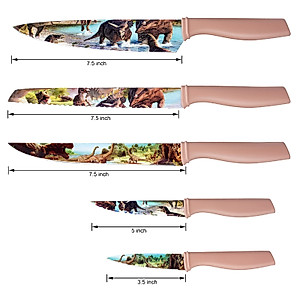 G.a HOMEFAVOR Knife Set, Chef Knives with Dinosaur Pattern, 5-piece Kitchen Knife Set Nonstick Coated with 5 Blade Guard, Gift Box Perfect as a Christmas gift