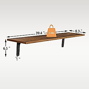 DINZI LVJ Long Wall Shelves, 39.4Inch Wall Mounted Shelves Set of 2, Extra Large Wall Storage Ledges with Sturdy Metal Brackets for Living Room, Bathroom, Bedroom, Kitchen, Rustic Brown