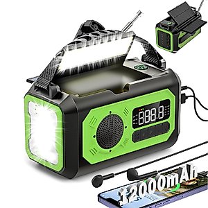 12000mAh Hand Crank Emergency Radio, AM/FM/NOAA Weather Radio, Emergency Radio,Multi-Function Solar Powered Radio,2 Solar Panels,USB Type-C Charging,Torch & LED Reading Lamp,SOS Alarm,Compass(Green)