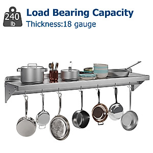 KYBOLT 12"x60" Stainless Steel Shelf,Multifunctional Metal Wall Mounted Shelf,Stainless Steel Kitchen Shelf with 2 Stainless Steel Backsplashs and 7 Hooks