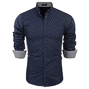 COOFANDY Mens Shirt Slim Fit Dress Business Plaid Button Down Collar, Navy Blue, Large, Long Sleeve