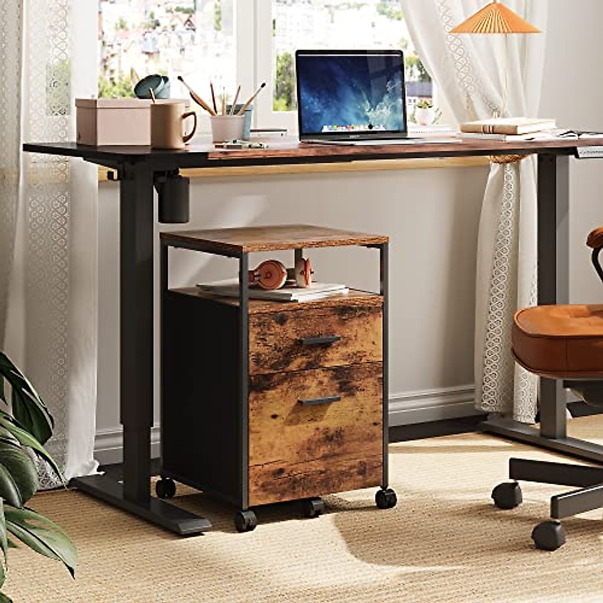 DEVAISE 2 Drawer File Cabinet, Mobile Printer Stand with Open Storage Shelf, Wood Filing Cabinet fits A4 or Letter Size for Home Office, Rustic Brown