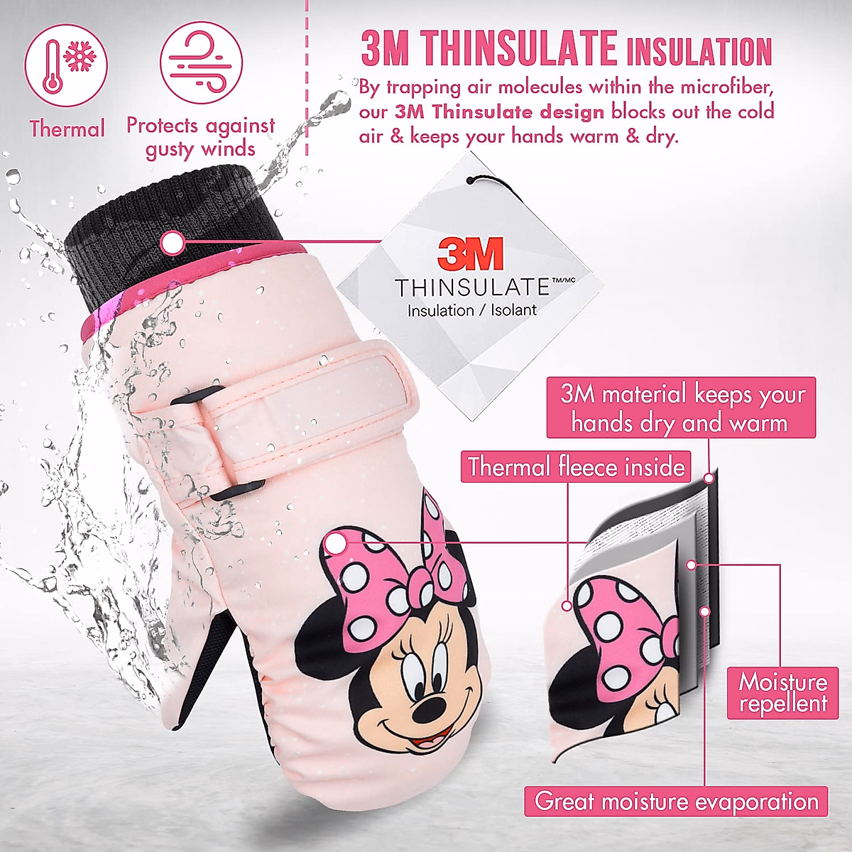 DISNEY Minnie Mouse Toddler Mittens Ages 2-4, Waterproof Toddler Gloves, Kids Snow Mittens, 3M Thinsulate Gloves Ski Mittens