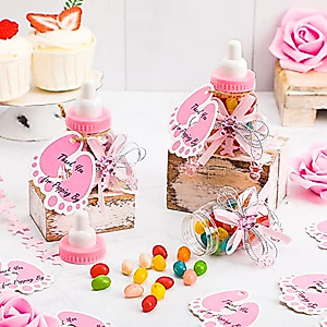 50 Pcs 3.5 x 1.6 Inch Baby Bottle for Baby Shower Mini Feeding Bottle Candy Box Plastic Milk Bottles with Ribbon for Baby Shower Favor Gift Decoration, Pink