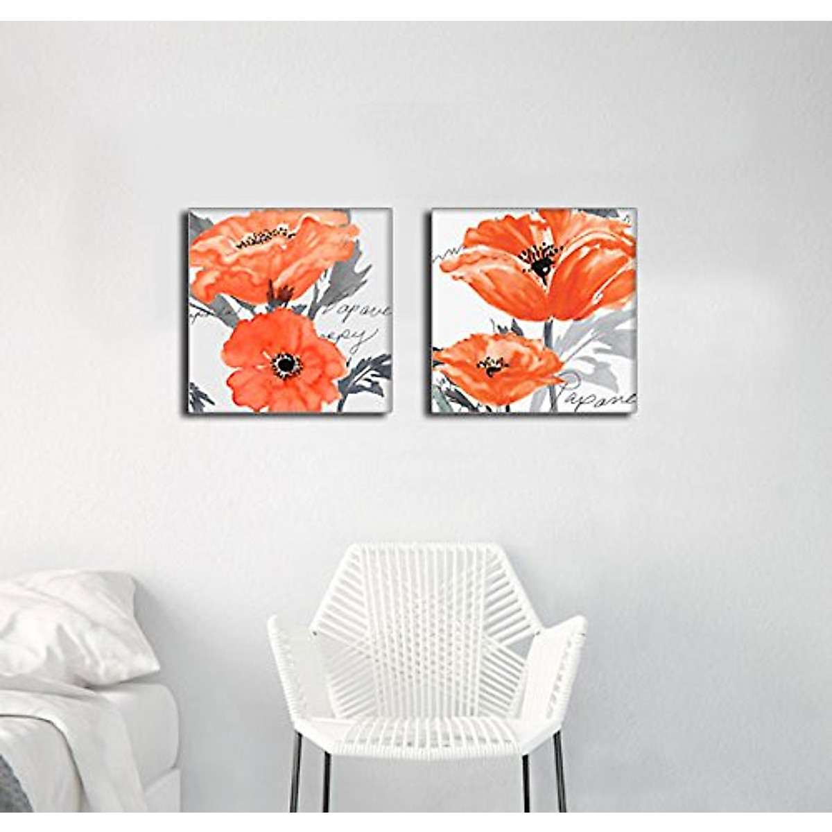 2 Pieces Orange and Gray Wall Decor Poppy Flower Canvas Art (Stretched Canvas)