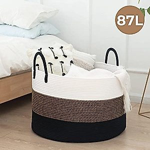 HiChen Large Woven Rope Basket With Handles, Blanket Basket Living Room, Baby Toy Nursery Storage Basket, Large Round Laundry Basket, 21.7 x 13.8 inches, 83L