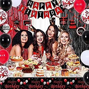 Birthday Decorations Red and Black for Men Women, Happy Birthday Party Decorations for Boys Girls, Red Bday Party Supplies Birthday Tablecloth Balloons Foil Fringe Curtains Hanging Swirls Decor
